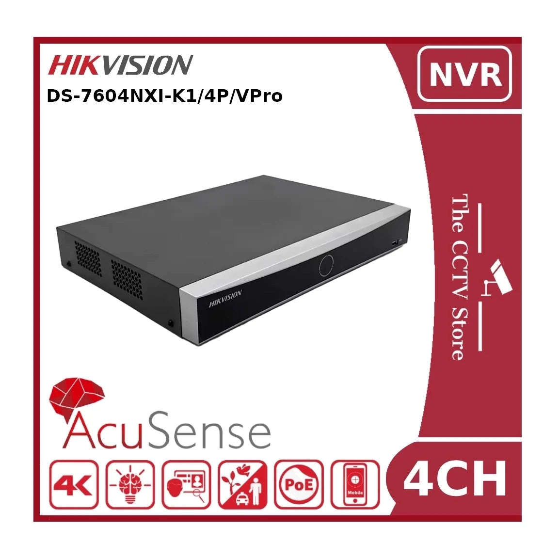 Hikvision DS-7604NXI-K1/4P/VPro 4 Channel PoE 4K AcuSense NVR with Acu ...