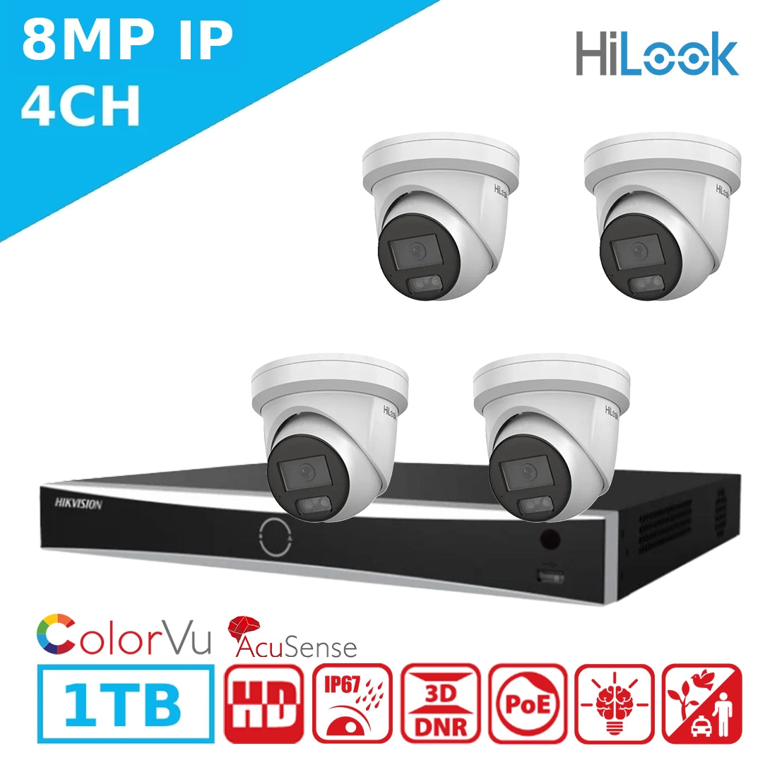 HiLook 8MP 8 Channel 4-Camera Kit – 4 x IPC-T289H-MU Cameras + DS-7608 ...