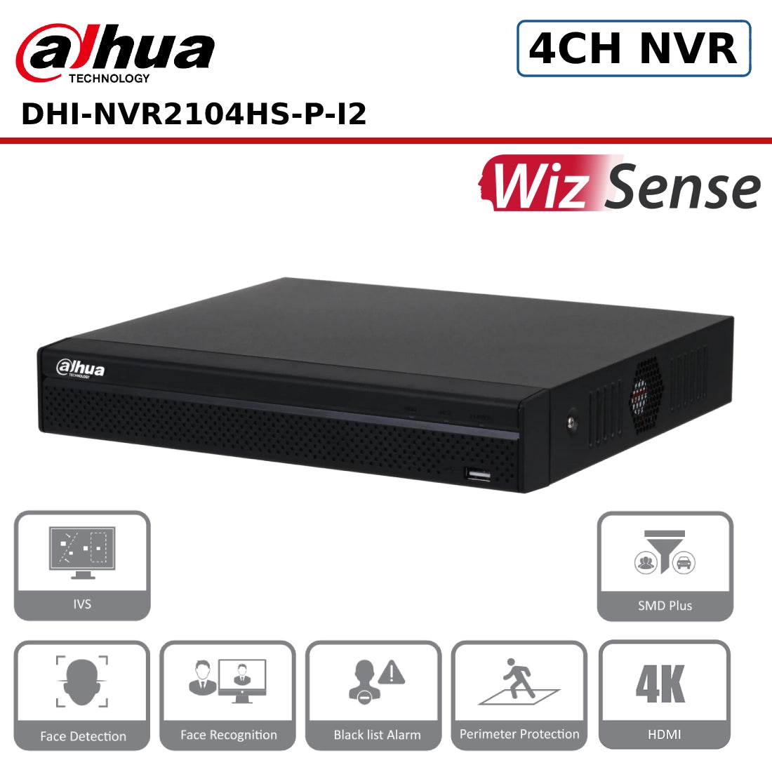 4 Channel Dahua NVR2104HS-P-I2 4 Channel 4K Compact 4 PoE WizSense AI ...
