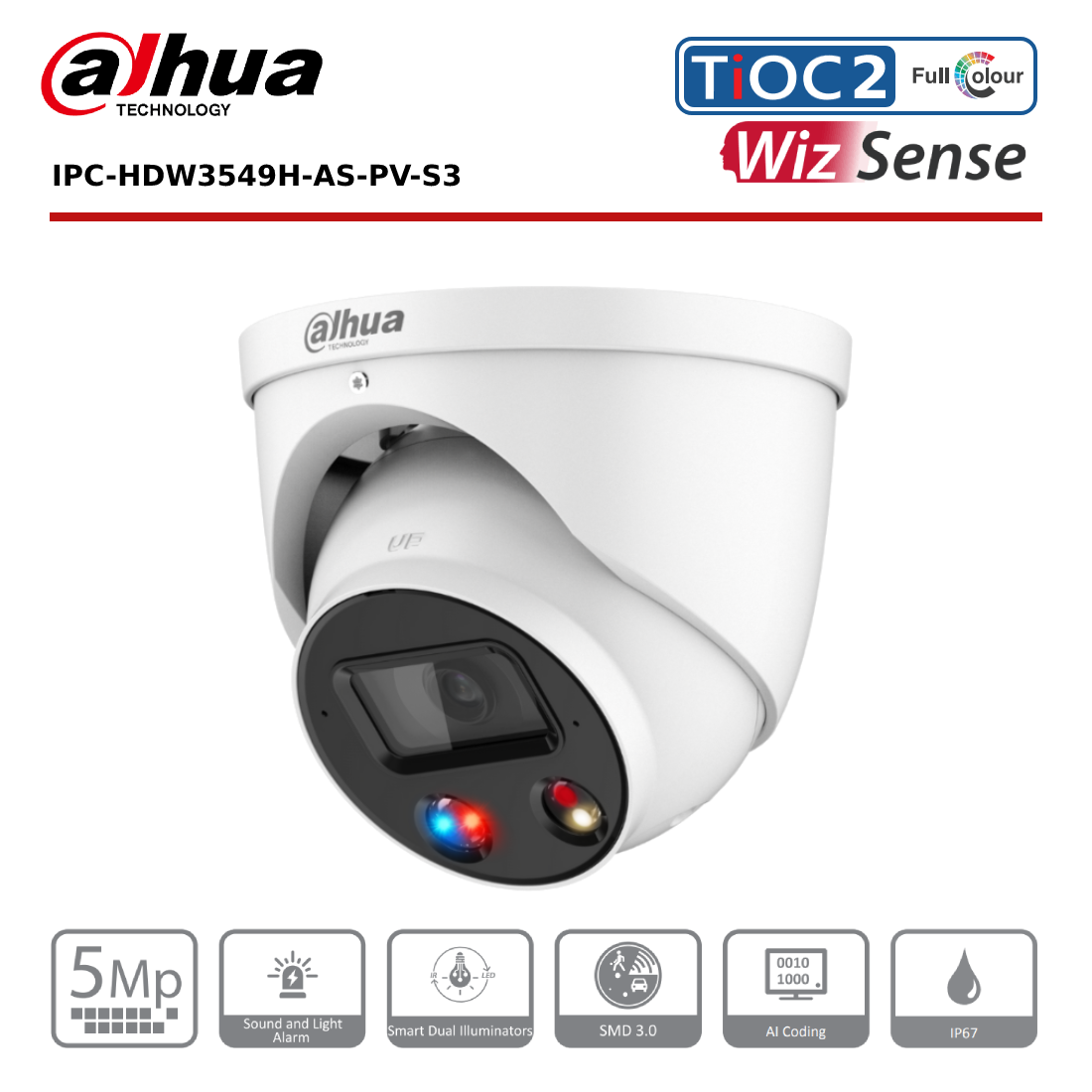 5MP Dahua DH-IPC-HDW3549H-AS-PV-S4 5MP TiOC 2.0 Fixed-focal Eyeball Ne ...